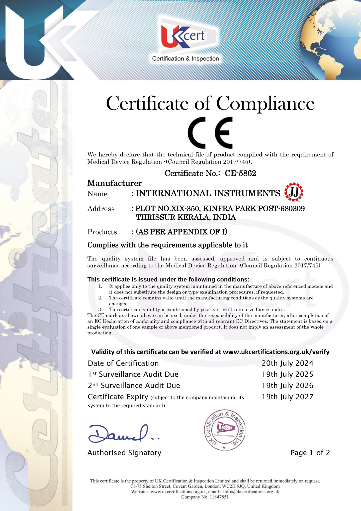 Certificates – JJ International Instruments